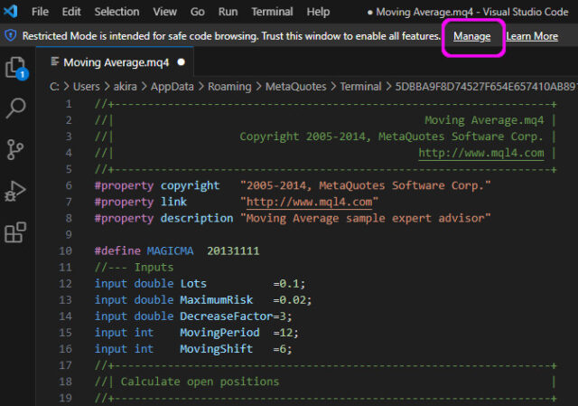 Visual Studio Code をMQL4のエディタとして使う
